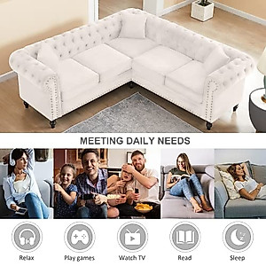 RARZOE Chesterfield L Shaped Sectional Sofa Couch, Deep Button Tufted Velvet Upholstered Rolled Arm Classic Chesterfield Settee Sofa, Modern 5 Seater Couch Furniture for Living Room, White