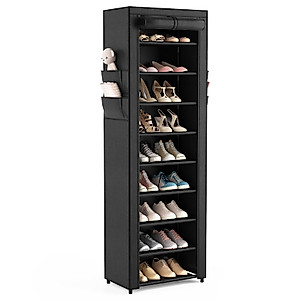 VILICK Shoe Rack with Cover Narrow Shoe Rack Organizer with 4 Side Pockets 10 Tier Tall Shoe Storage Shoe Shelf Holds 18-22 Pairs Shoes and Boots Shoe Rack for Closet Entryway Garage