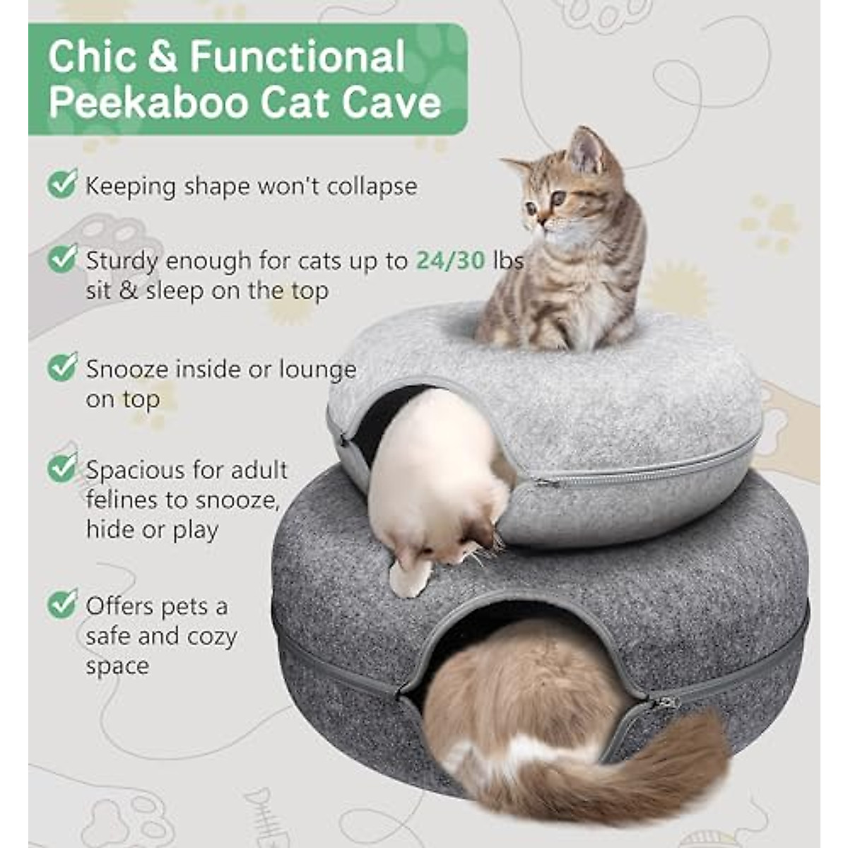 Gleejoy Peekaboo Cat Cave for Multiple Cats/Large Cats, Cat Caves for Indoor Cats Up to 30 Lbs, Cat Tunnel Bed, Scratch Detachable and Washable Large Donut Cat Bed, Dark Gray
