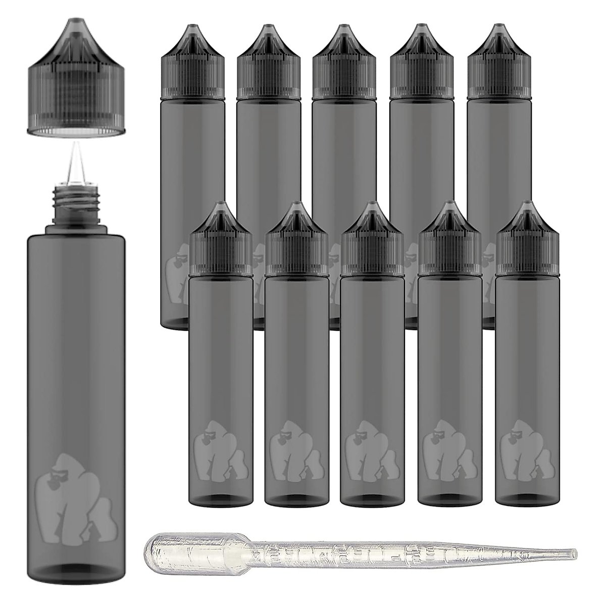 Chubby Gorilla LDPE PET Plastic Unicorn Squeeze Bottle 60ml (10 Pack) Dropper bottle (Transparent Black) REUSABLE, Child Resistant Cap, Easy Drip Tip Applicator Dropper Bottles with Squeeze Dropper