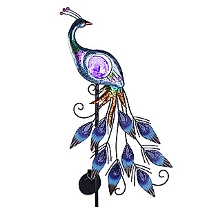 TERESA'S COLLECTIONS Yard Decor Peacock Solar Garden Lights, 31.5 Inch Metal Lawn Ornaments, Garden Decor for Outside with Crackle Glass Ball, Decorative Stake Yard Art for Outdoor Patio Decorations