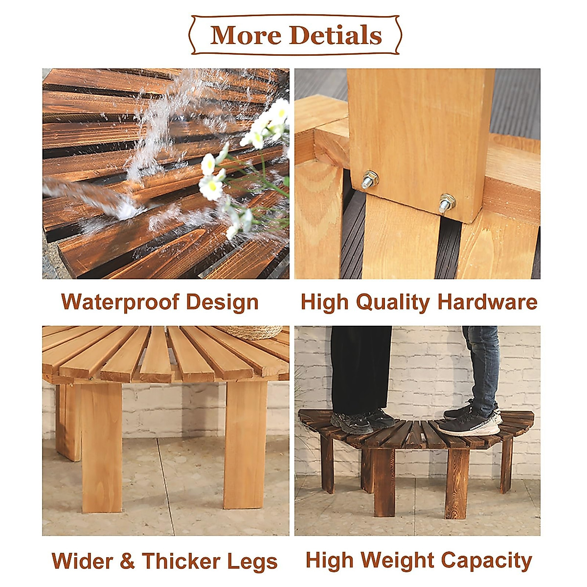 Outdoor Half Round Bench, Solid Wood Curved Benches, Semi Circle Wrap Around Tree Seating, Garden/Patio/Park/Lawn Natural Furniture Seat