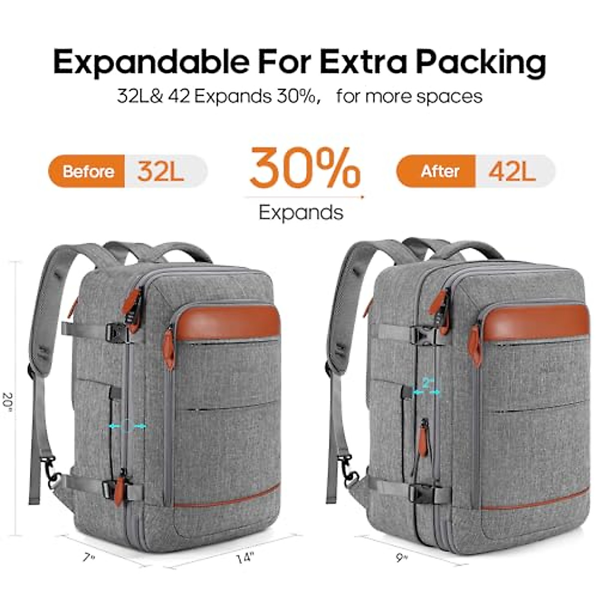 Bagsure Travel Backpack, 42L Carry on Backpack, Flight Approved Expandable Travel Backpack for Men&Women, Carry on Backpack, Luggage Daypack with Packing Cubes and Shoe Pocket, Large Travel Bags