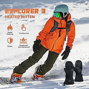 MOUNT TEC Explorer 3 Rechargeable Electric Battery Heated Ski Glove Mitten Snowboard Gloves for Women & Men Heated Gloves Mitten for Hunting Fishing Hiking (Black, XS)