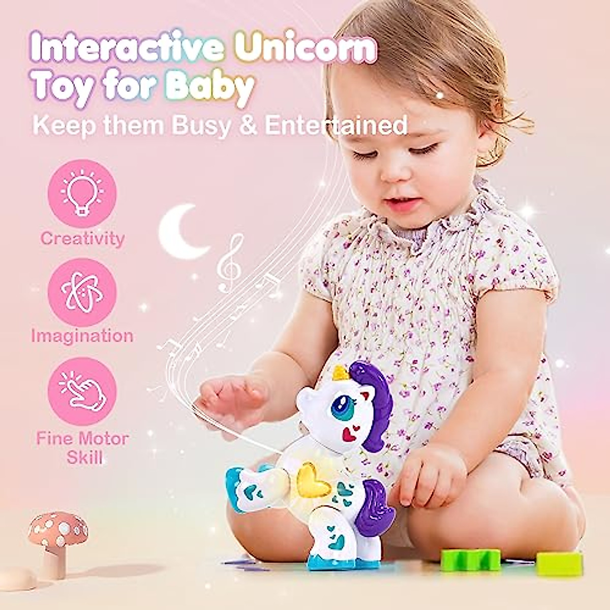 hahaland Toddler Girl Toys Unicorn Toy for 1 Year Old Girl, Musical Light up Kid Girl Interactive Travel Toys, Baby Toys 12-18 Months, 1+ Year Old Girl Birthday Gifts