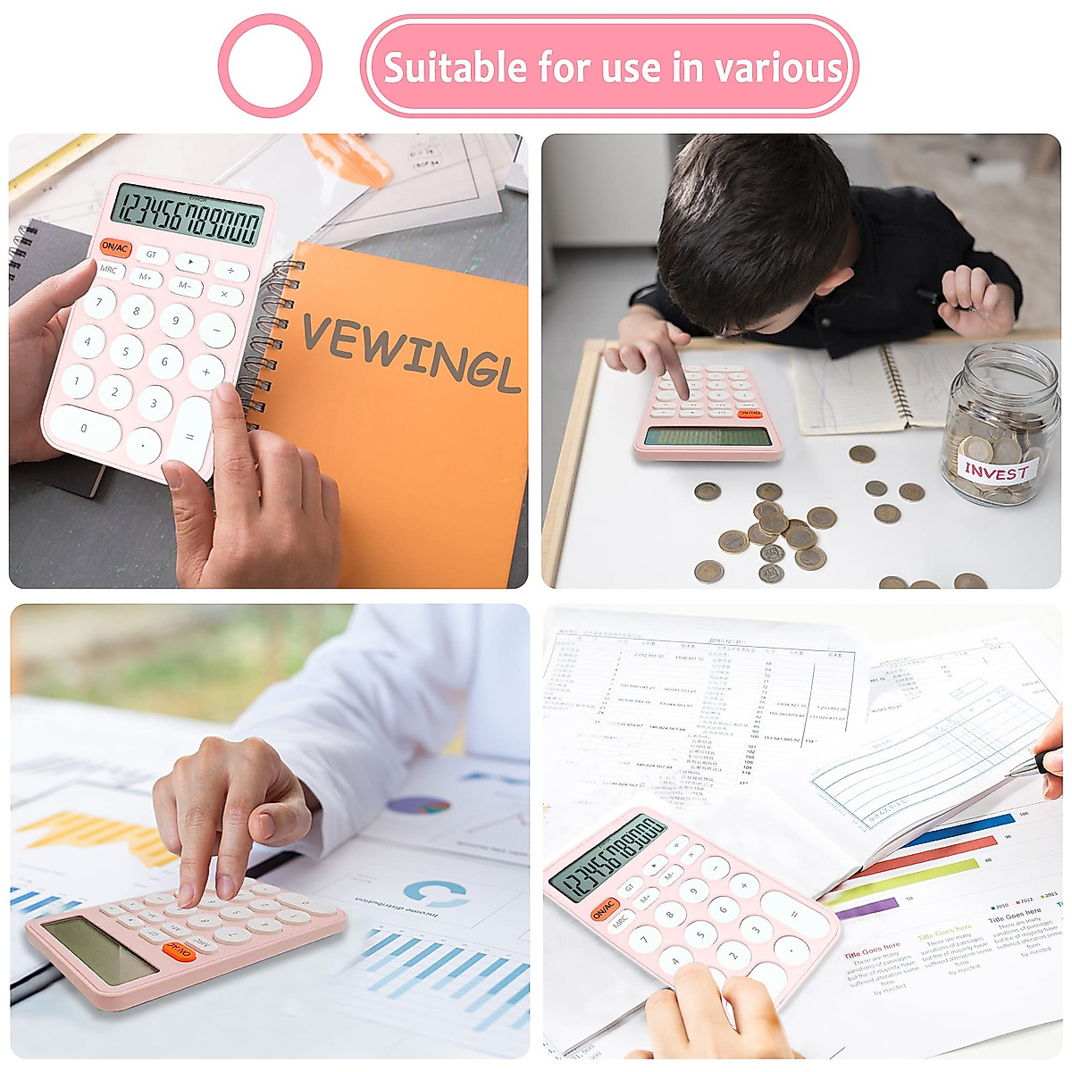 Standard Calculator 12 Digit,Desktop Large Display and Buttons,Calculator with Large LCD Display for Office,School, Home & Business Use,Automatic Sleep,with Battery (Pink and White)