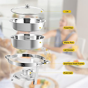 BriSunshine 6 Packs 5 QT Chafing Dish Buffet Set, Stainless Steel Round Chafer Sets with Glass Lid & Lid Holder, Food Warmer For Parties Weddings Catering