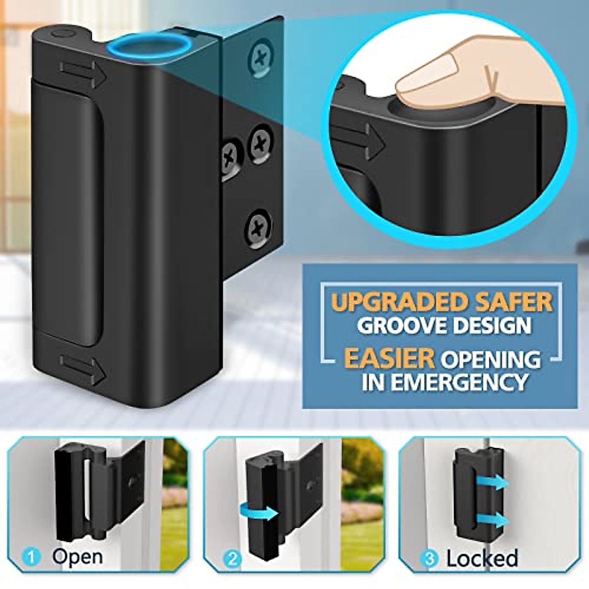 Home Security Door Lock, Upgrade Easy Open Childproof Door Reinforcement Lock with 3" Stop Withstand 800 lbs for Inward Swinging Door, Add Extra Lock to Defend Your Home Safe (Black)