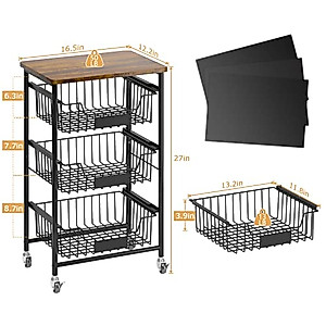XYZLVSI Kitchen Storage Cart with Wheels, 4-Tier Metal Utility Rolling Cart Fruit Vegetable Storage Basket Pantry Rack with Wood Top & Pull Out Baskets for Kitchen, Livingroom, Diningroom, Office