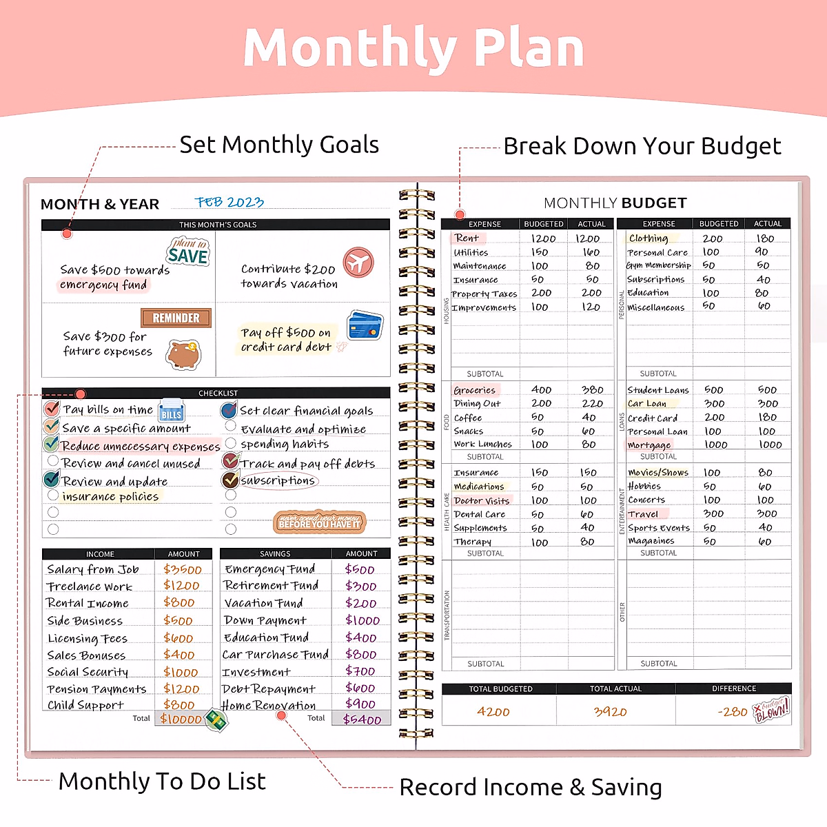 Budget Planner - Monthly Budget Book with Expense Tracker Notebook, Undated Bill Organizer & Finance Planner to Take Control of Your Money, 2024-2025 Account Book to Manage Your Finances-Pink