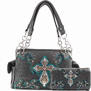 Justin West Concealed Carry Western Croc Cross Duo Color Shoulder Handbag Purse (Silver Handbag Wallet Set)