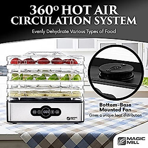 Magic Mill Food Dehydrator Machine | 5 Stackable Stainless Steel Trays Jerky Dryer with Digital Adjustable Timer and Temperature Control - Electric Food Preserver Machine with Powerful Drying Capacity for Fruits, Veggies, Meats & Dog Treats (5 Stainless S