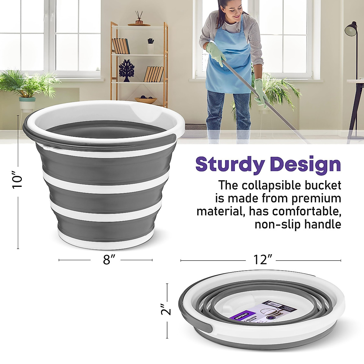 Superio Collapsible Bucket 2 Gallon Bucket with Handle Grey Car Wash Bucket Small Foldable Silicone Pail for Camping, Fishing, Cleaning, Mopping, 10 Liter, 4