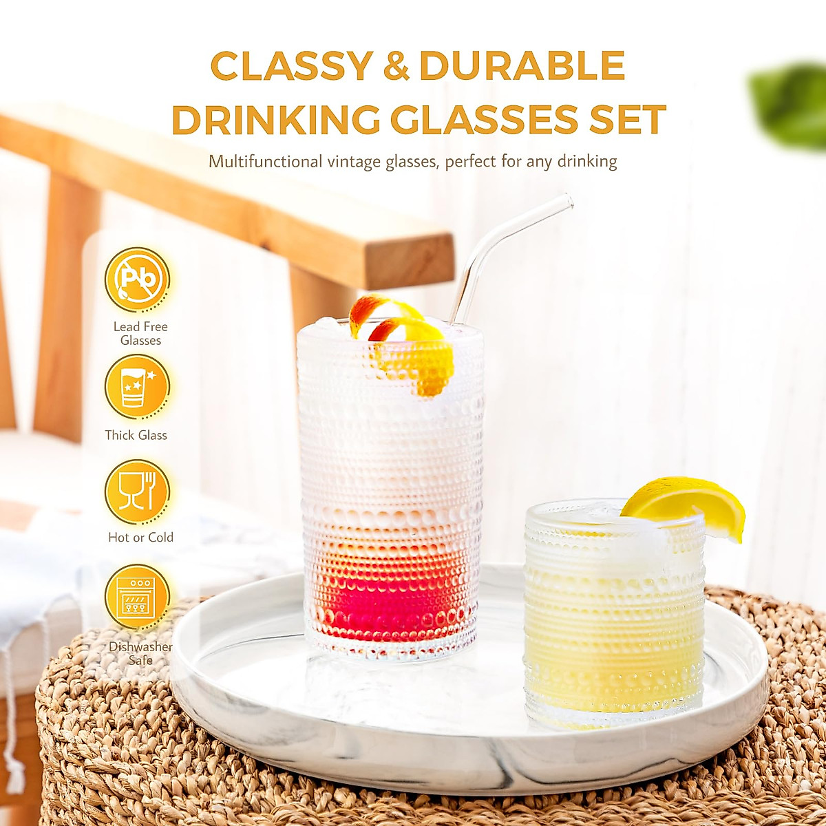 FULGNU Hobnail Drinking Glasses Set of 12, 11.8 oz Vintage Glasses Drinking Set & 10 oz Cocktail Glasses Set, Embossed Glass Cups for Kitchen, Beer, Juice, Cocktail, Whiskey, Milk