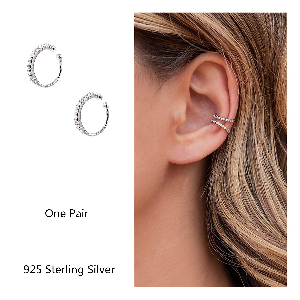 Fake Hoop Earrings CZ Cubic Zirconia Cartilage Earring 925 Sterling Silver Earrings Ear Cuff Huggie Dainty Minimal Conch Piercing Non Pierced Ear Pods Clip on Earrings for Women Silver