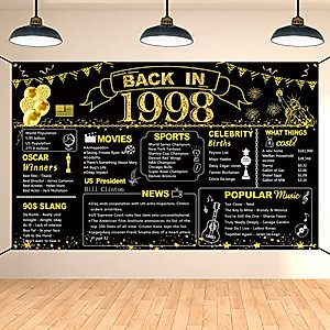 DARUNAXY 26th Birthday Black Gold Party Decoration, Back in 1998 Banner 26 Year Old Birthday Party Poster Supplies Vintage 1998 Backdrop Photography Background for Men & Women 26th Class Reunion Decor
