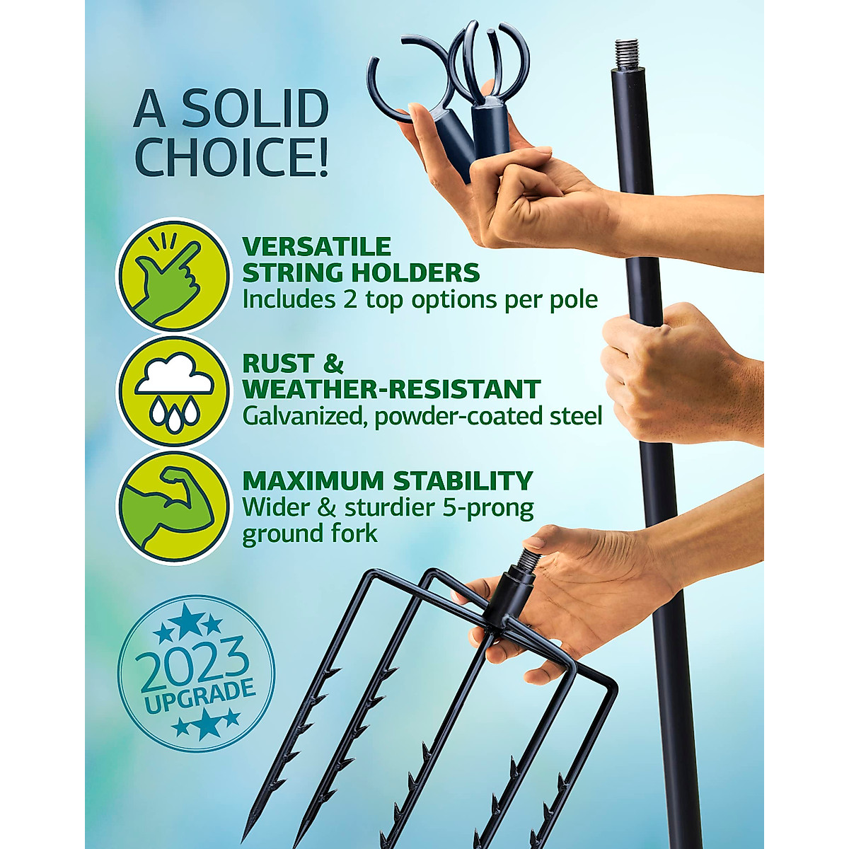 BACKYARD THERAPY Outdoor String Light Poles - 9ft Pole for Hanging Lights Outside - Galvanized & Powder Coated - Secure Ground Grip Stand - Garden, Deck, or Patio Area Lighting (2-Pack)