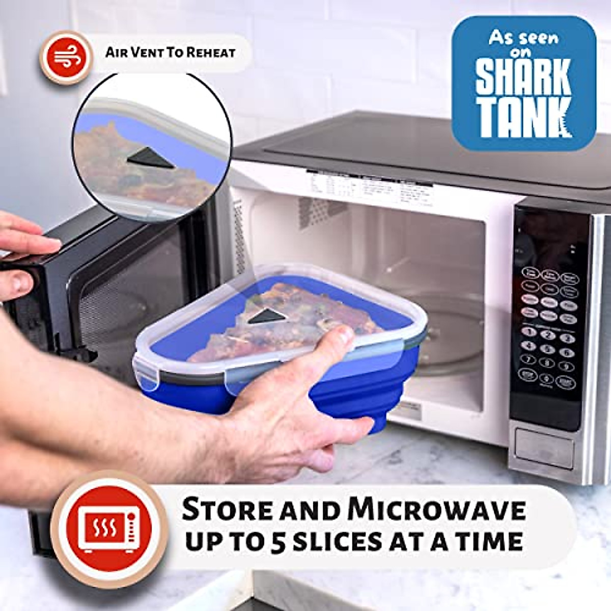 PIZZA PACK The Perfect Reusable Pizza Storage Container with 5 Microwavable Serving Trays - BPA-Free Adjustable Pizza Slice Container to Organize & Save Space, Blue 2pk