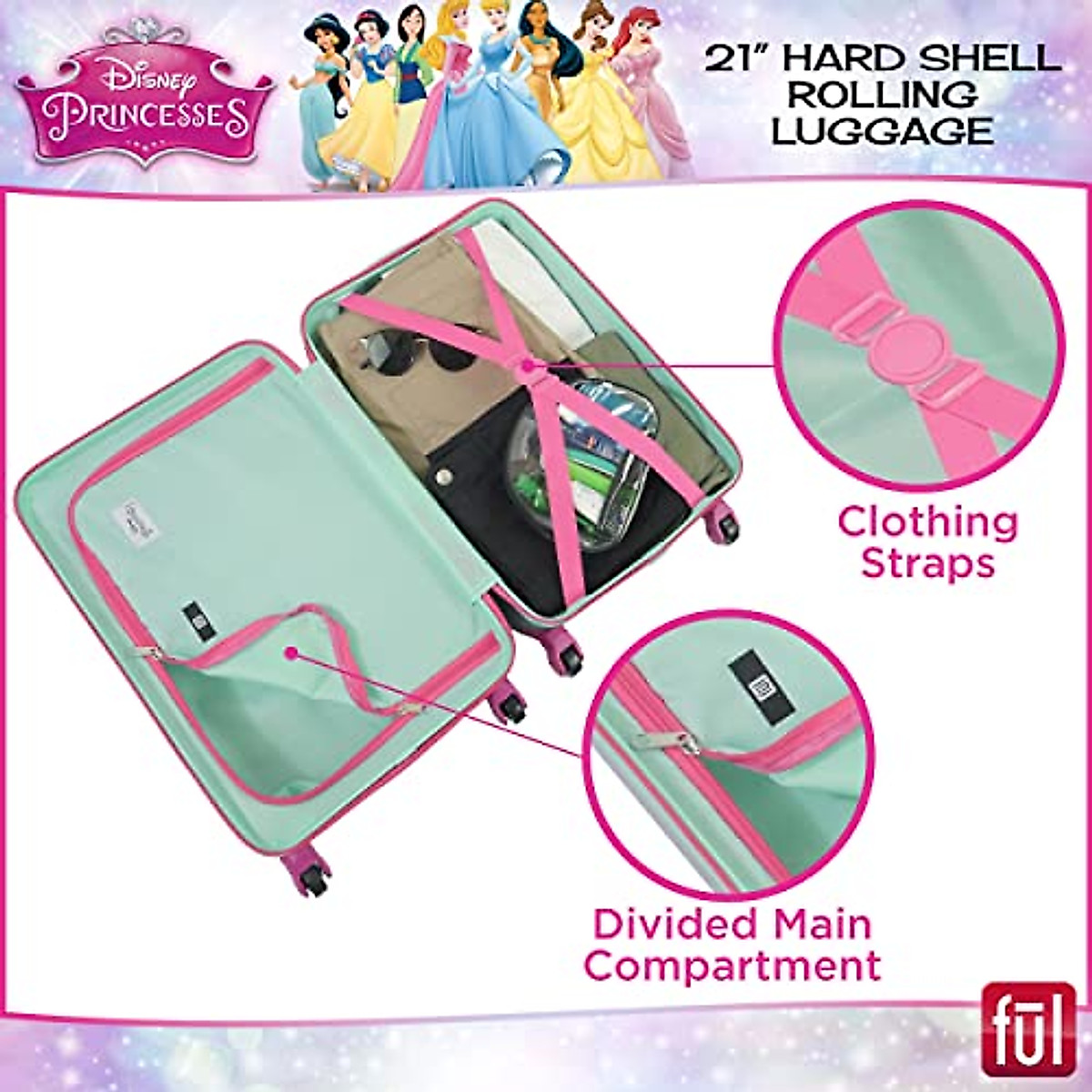 FUL Disney Princess Girl Power 21 Inch Kids Rolling Luggage, Hardshell Carry On Suitcase with Wheels, Multi, Blue (FCGL0028SAMEC-410)