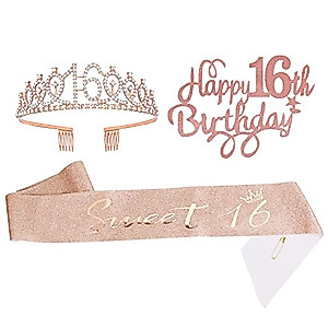 DASIGJID 16th Birthday Tiara & Sash for Girls, Rose Gold Happy Birthday Queen Princess Tiara with Combs for Girls, Queen Crystal Headbands for Hair Accessories,16th Birthday Decorations for Girls Prom