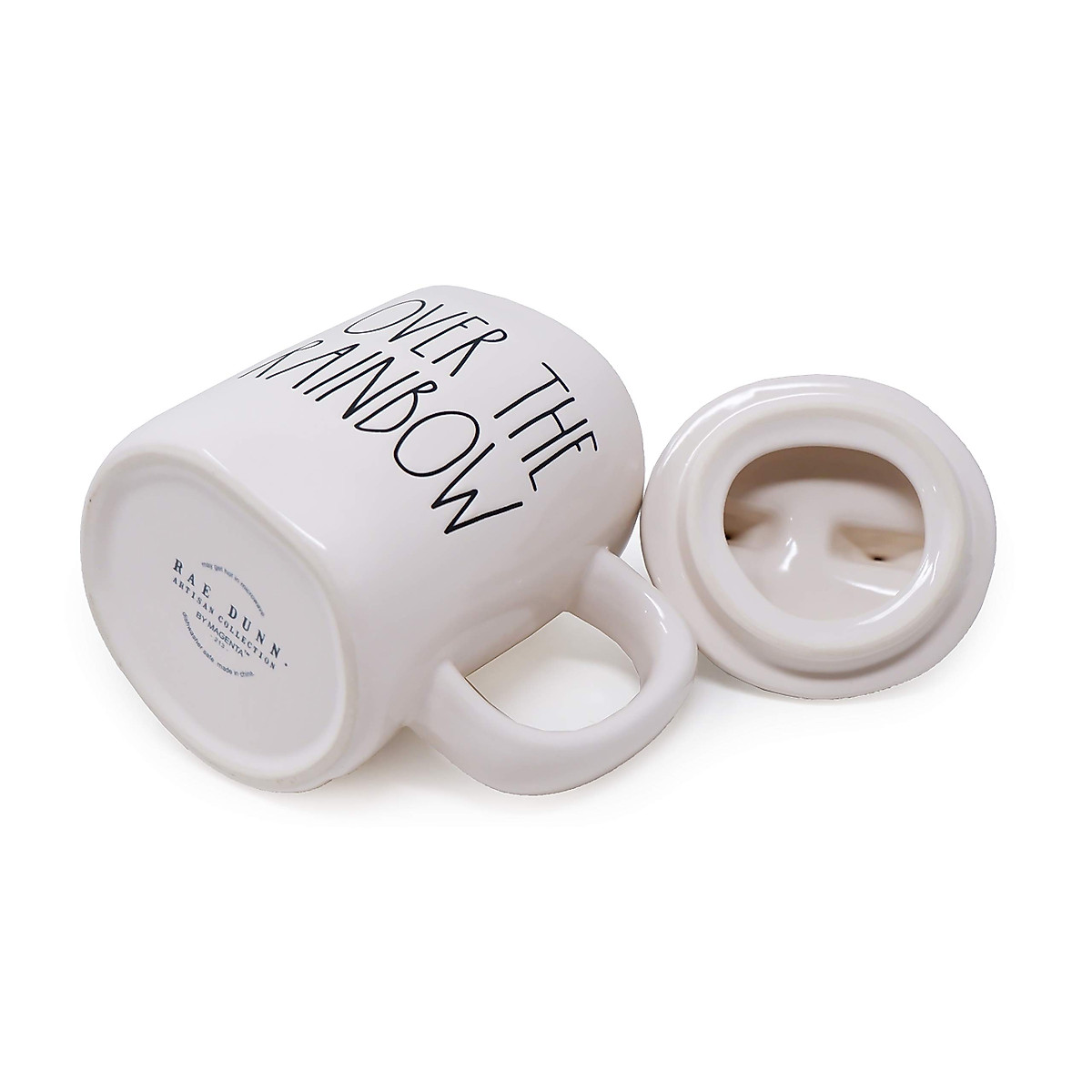 Rae Dunn Artisan llection OVER THE RAINBOW Glossy White ffee Tea Mug with Rainbow Clouds Topper,Green, White,7.25 H X 3.75 D x 5.5 Across luding handle