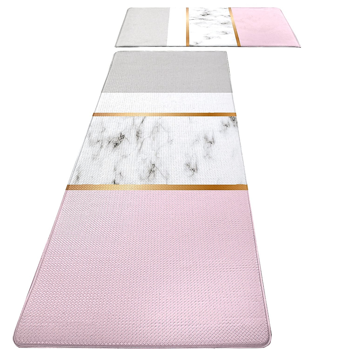 FNLNDO Pink Kitchen Rugs and Mats for Floor White Grey Marble Anti Fatigue Kitchen Rugs Set of 2 Modern Art Non-Skid Washable Kitchen Mats for Kitchen Sink Laundry (Pink, 17.5"x29.5"+17.5"x47")