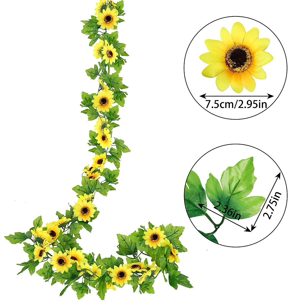 Whonline 8pcs 60ft Artificial Sunflower Garlands Silk Yellow Sunflower Vines with Green Leaves Sunflower Garland for Room Decor Party Decorations Wedding Arch Table Centerpiece Backdrop