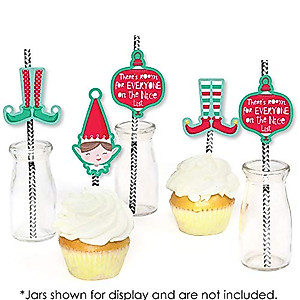 Big Dot of Happiness Elf Squad - Paper Straw Decor - Kids Elf Christmas and Birthday Party Striped Decorative Straws - Set of 24