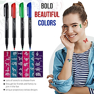 Vanli's Temporary Tattoo Pens - Stocking Stuffers For Teens, Kids, Adults, Trendy Tattoo Kit, Skin Safe & Colored Ink Tattoo Pens for Body & Face Art with 30 Tattoo Stencil Papers, 4 Pens-Bold