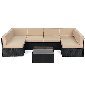 AECOJOY 7 Piece Patio PE Rattan Wicker Sofa Set, Outdoor Sectional Conversation Furniture Chair Set with Cushions and Table, Blue and Brown