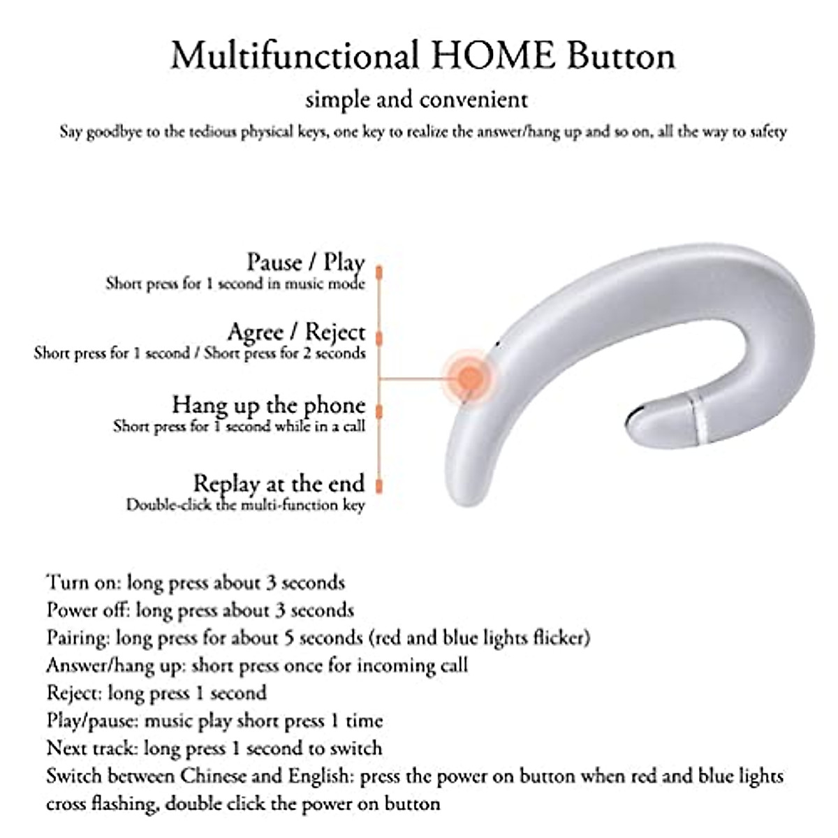 Sunffice Ear Hook BT Wireless Headphone,Non Ear Plug Headset with Microphone,Single Ear Noise Cancelling Earphones Painless Wearing for Android Smartphones,iPhone14 13 12 11 X 8(Silver)