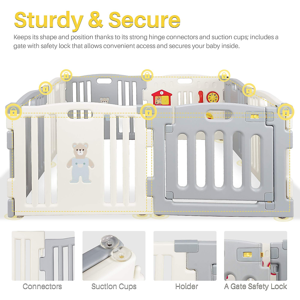 Kidzone Grey - White Baby Interactive Playpen 8 Panel Safety Gate Children Play Center Child Activity Pen ASTM Certified