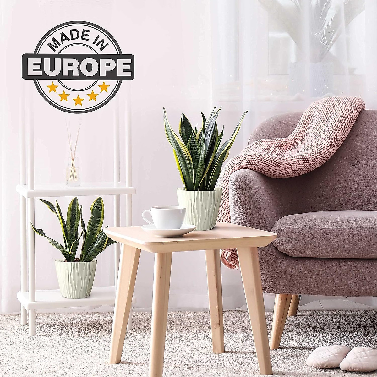 Mueller European-Made 5/1 Plant Pots 6/7.5/9.2" - Flower Pots Set with Inner Drainage for Indoor and Outdoor Use - Modern Decorative Planters for Plants, Flowers, and Herbs - Beige