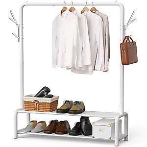 Simple Houseware Garment Rack with Storage Shelves and Coat/Hat Hanging Hooks, White