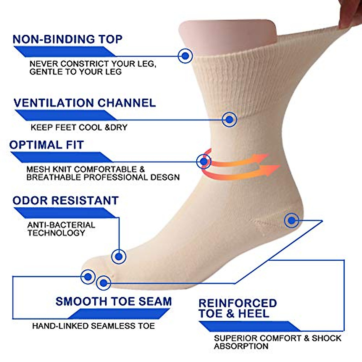Facool Womens Diabetic Socks, Warm Cushion Cotton Crew Non Binding Loose Top Circulatory Viasox Diabetes Seamless Toe Moisture Wicking Wellness Socks, 6 Pairs Beige Medium