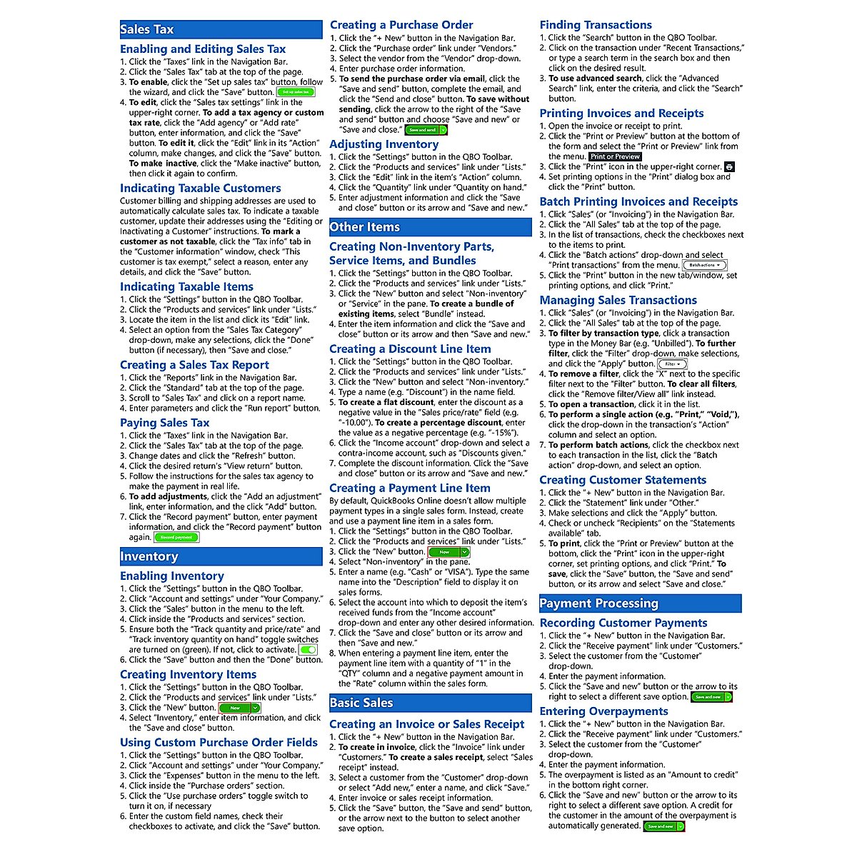 QuickBooks Online Quick Reference Training Card - Laminated Tutorial Guide Cheat Sheet (Instructions and Tips)