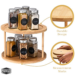 Bamboo Turntable Lazy Susan Rotating Spice Rack - 2 Tier Rotating Spice Rack, Lazy Susan Rotating for Kitchen, Spice Carousel for Cabinets and Pantry - Wooden 2 Tier Lazy Susan Rotating Turntable