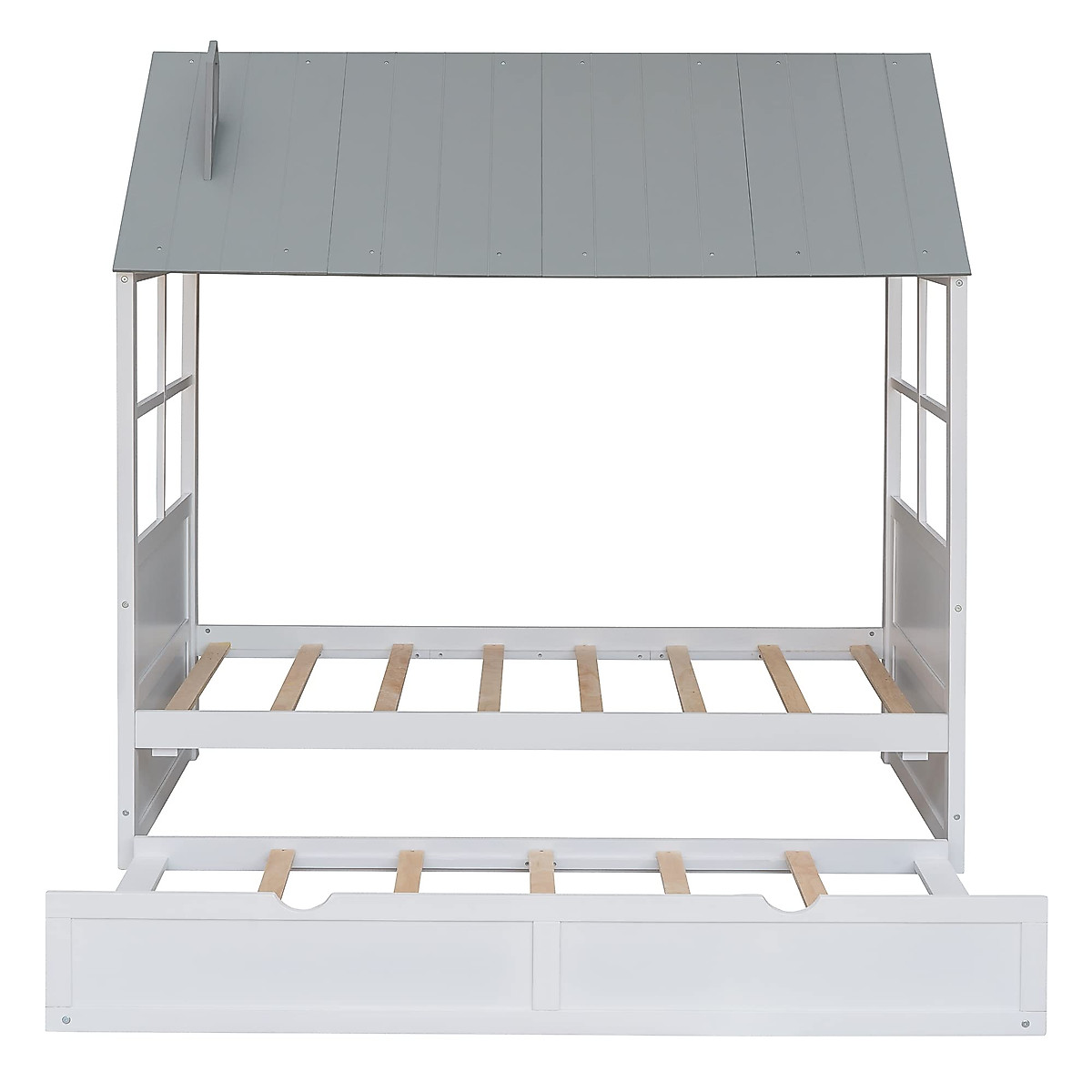 BIADNBZ Twin Size House Bed with Trundle,Wooden Playhouse Platform BedFrame with Roof and Window Design for Kids Teens Boys Girls Bedroom,No Box Spring Needed,White+Gray