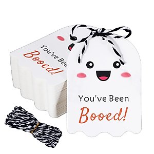 80 Pcs Halloween Tags with String, You've Been Booed Gift Tags, Happy Halloween Tags for Goodie Bags, Cute Halloween Name Tags Stickers, Boo Bags Halloween Hanging Tags Candy Bag Halloween Wrap Tags