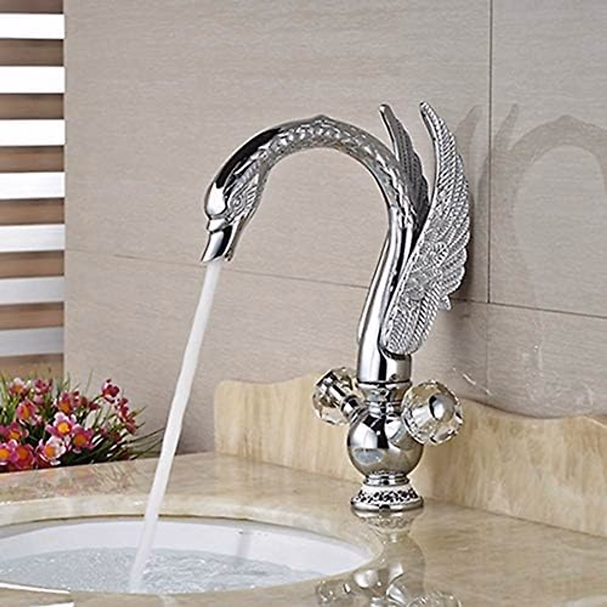 Kitchen Taps Brass Faucet Tap Chrome Silver Swan Basin Faucet Deck Mounted Bathroom Faucet Hot and Cold Water Mixer Tap Bath Water Faucet Basin Sink Taps-Chrome W Cover Plate,Chrome
