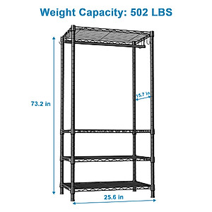 Ulif Portable Closets, 4 Tiers Garment Rack and Metal Clothes Organizer Wardrobe, Suitable for Bedroom, Apartment, Cloakroom, 25.6" W x 15.7" D x 73.2" H, Black