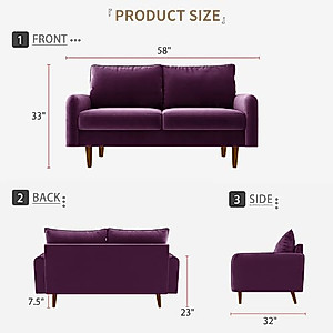 SILKIR Mid-Century Modern Small Spaces Comfy Velvet Living Room,Office,and Apartment,Loveseat Couch Sofas, 58 & 70 Inch, Eggplant