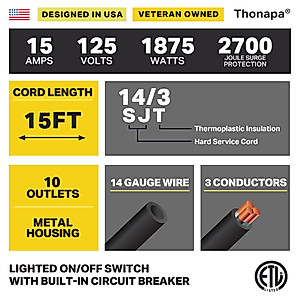 Thonapa Heavy Duty Surge Protector Power Strip, 10 Outlet 14/3 SJT Industrial Black & Yellow Metal Surge Suppressor with 15 Foot Long Extension Cord | American Owned Business