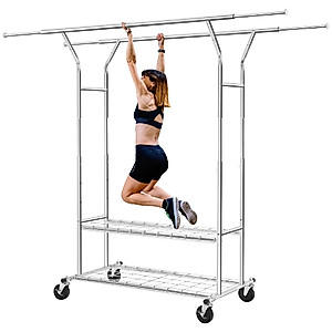 Rengue Double Clothing Garment Rack Heavy Clothes Duty Rolling Clothing Racks for Hanging Clothes Load 650lbs Portable Clothes Rack with Wheels Collapsible Commercial Garment Rack with 2 Storage Racks