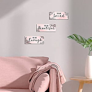 Creoate Pink Wall Decor for Girls 3 Pieces Inspirational Quotes Wall Art Thick Wooden Wall Hanging Bedroom Decor - You Are Loved Signs Wall Decor, Cute Girls Bedroom Decor, 4x10x0.3 Inch