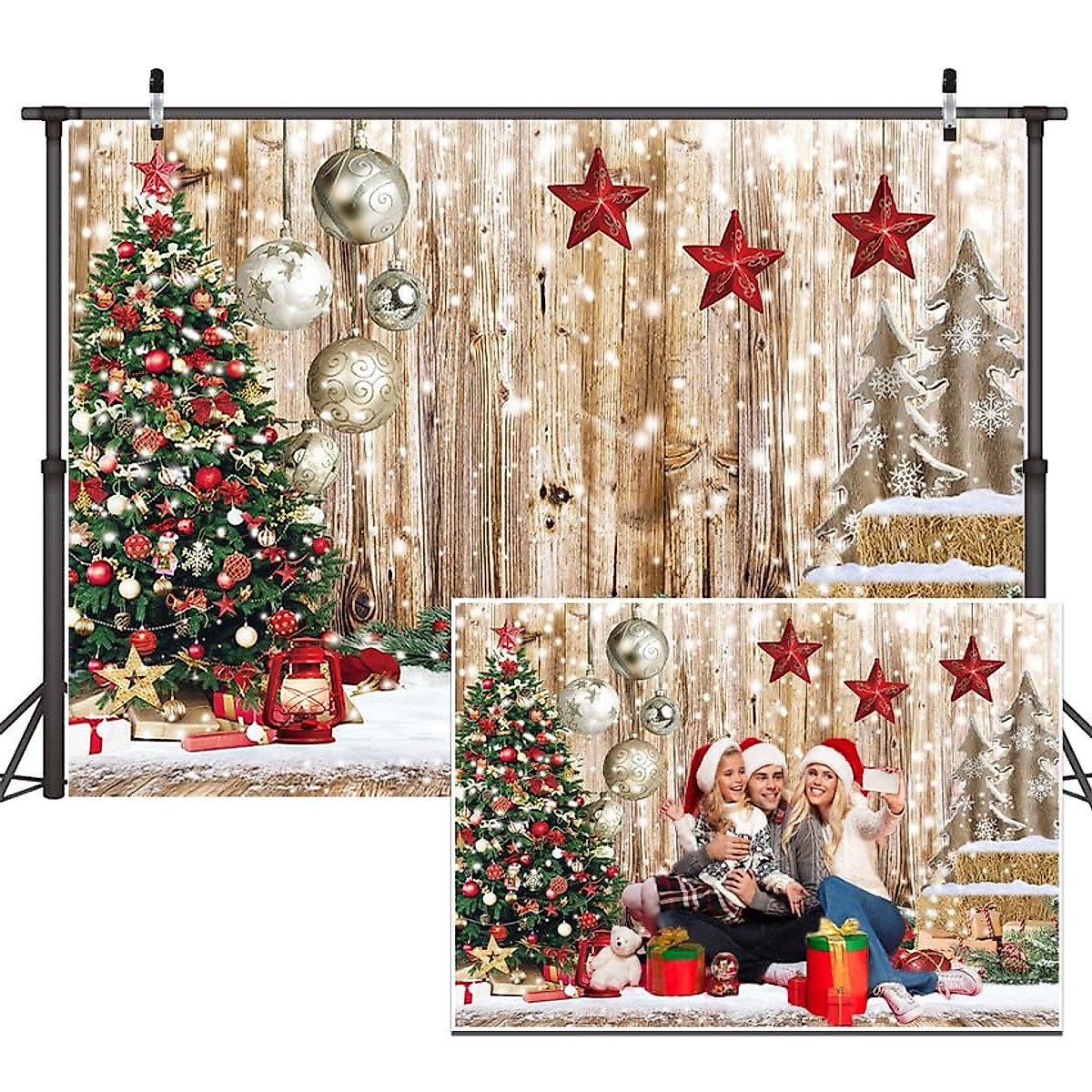 Dudaacvt 7x5Ft Christmas Backdrop Xmas Tree Gift Snow Vintage Wooden Floor Backdrop New Year Party Background Christmas House Party Background D679