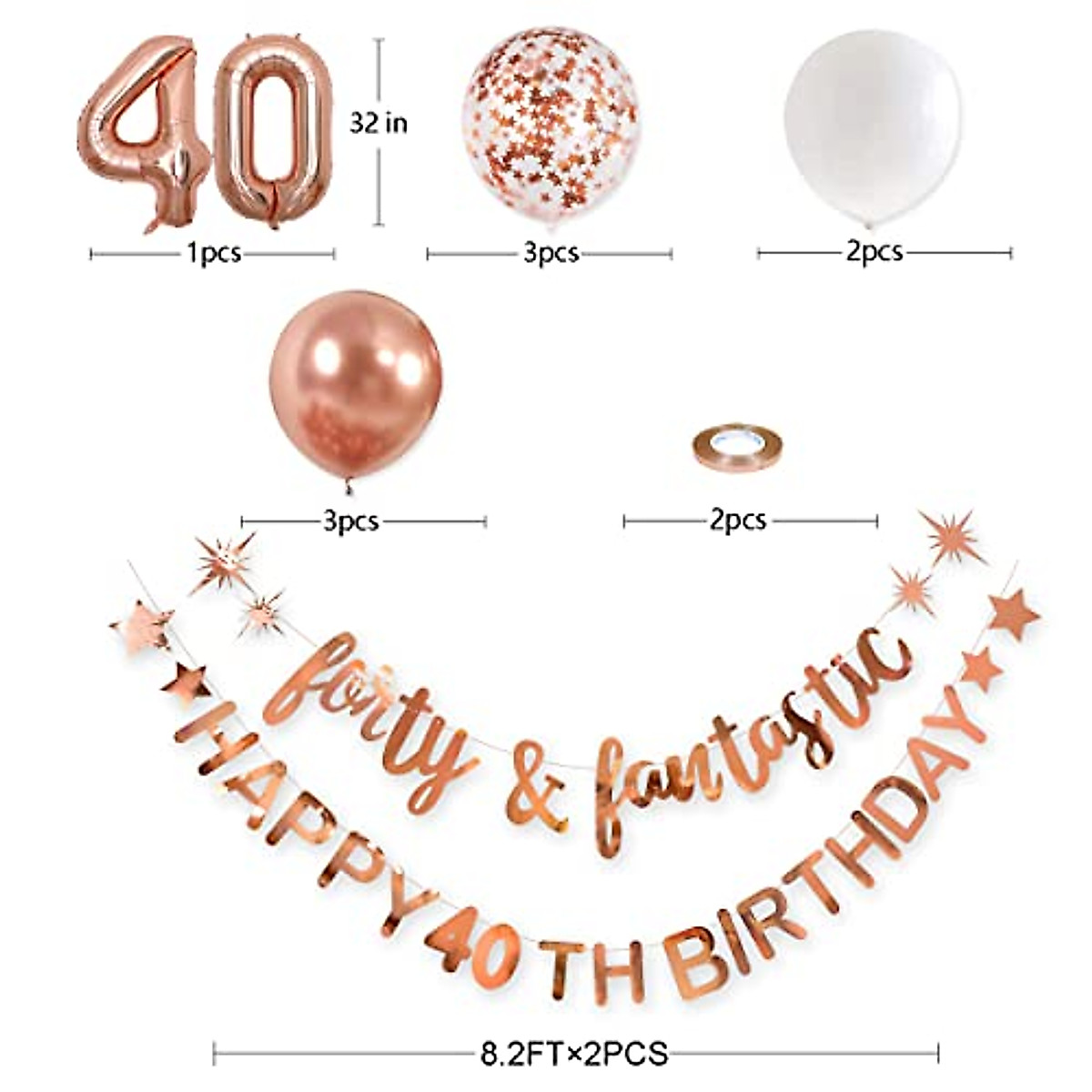 Rose Gold Forty & Fantastic Happy 40th Birthday Banner Garland Foil Balloon 40 for Womens 40th Birthday Decorations Hanging 40 and Fabulous Cheers to 40 Years Old Birthday Party Supplies Backdrop
