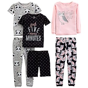 Simple Joys by Carter's Girls' 6-Piece Snug Fit Cotton Pajama Set, Black Dots/Grey Panda/Pink Owl, 3T