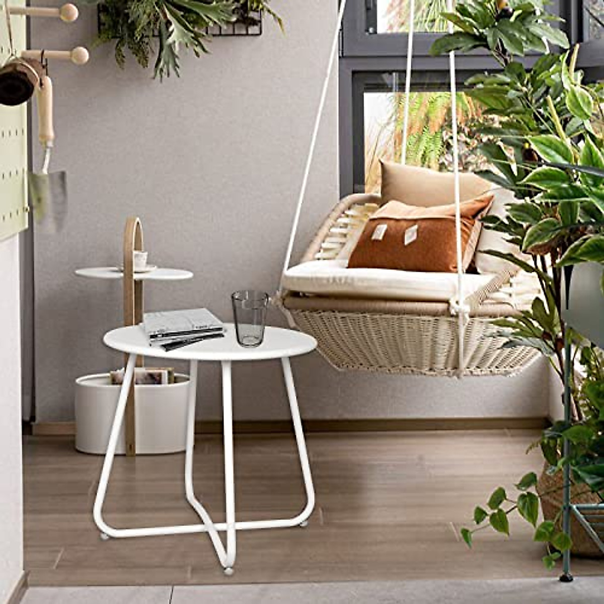 Babion Patio Side Table, Outdoor Side Table, White Small Round End Table, Weather Resistant Steel Outdoor Table for Patio Yard Garden Balcony, Waterproof Metal Side Table