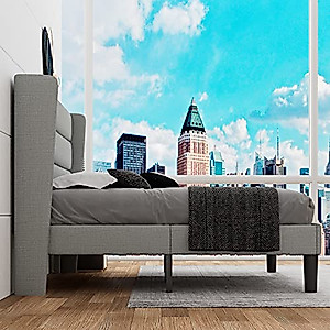 iPormis Queen Upholstered Bed Frame with Wingback, Platform Bed Frame with Storage Headboard, Wood Slats Support, No Box Spring Needed, Noise-Free, Easy Assembly, Light Gray